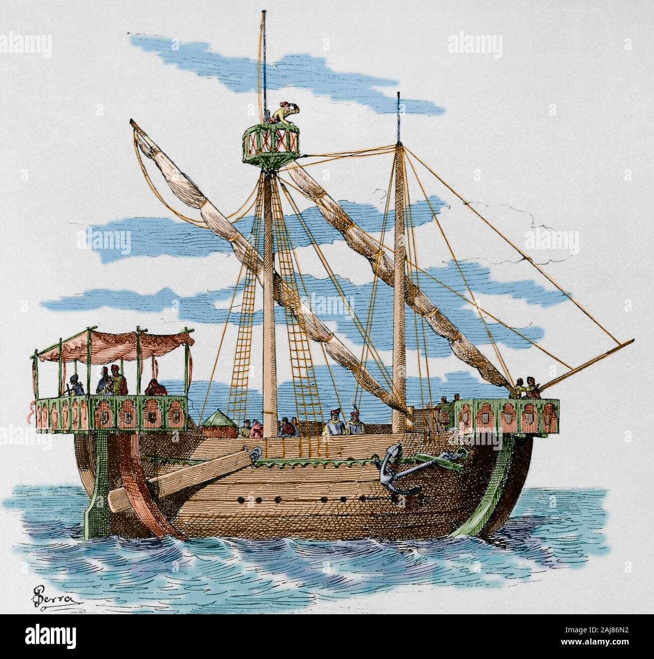 Middle Ages. Ship of the thirteenth and fourteenth centuries. Engraving ...