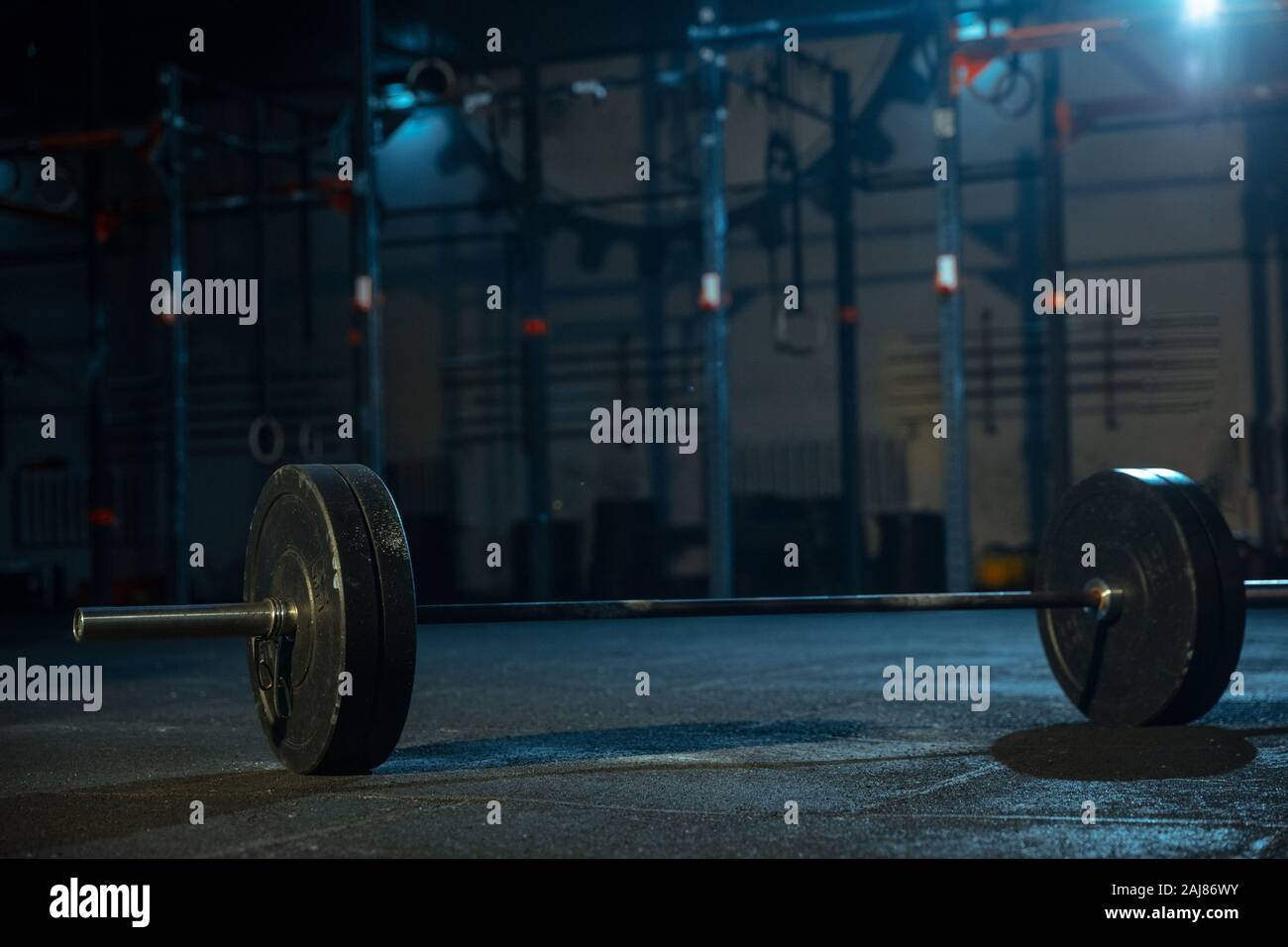 Barbell for practicing in weightlifting in gym. Equipment for strength ...