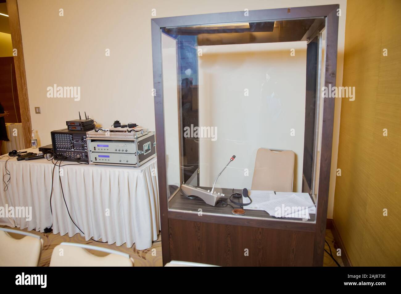 Soft focus of wireless Conference microphones and notebook in a meeting ...