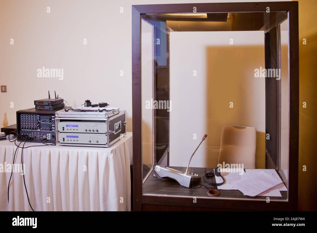 Soft focus of wireless Conference microphones and notebook in a meeting ...
