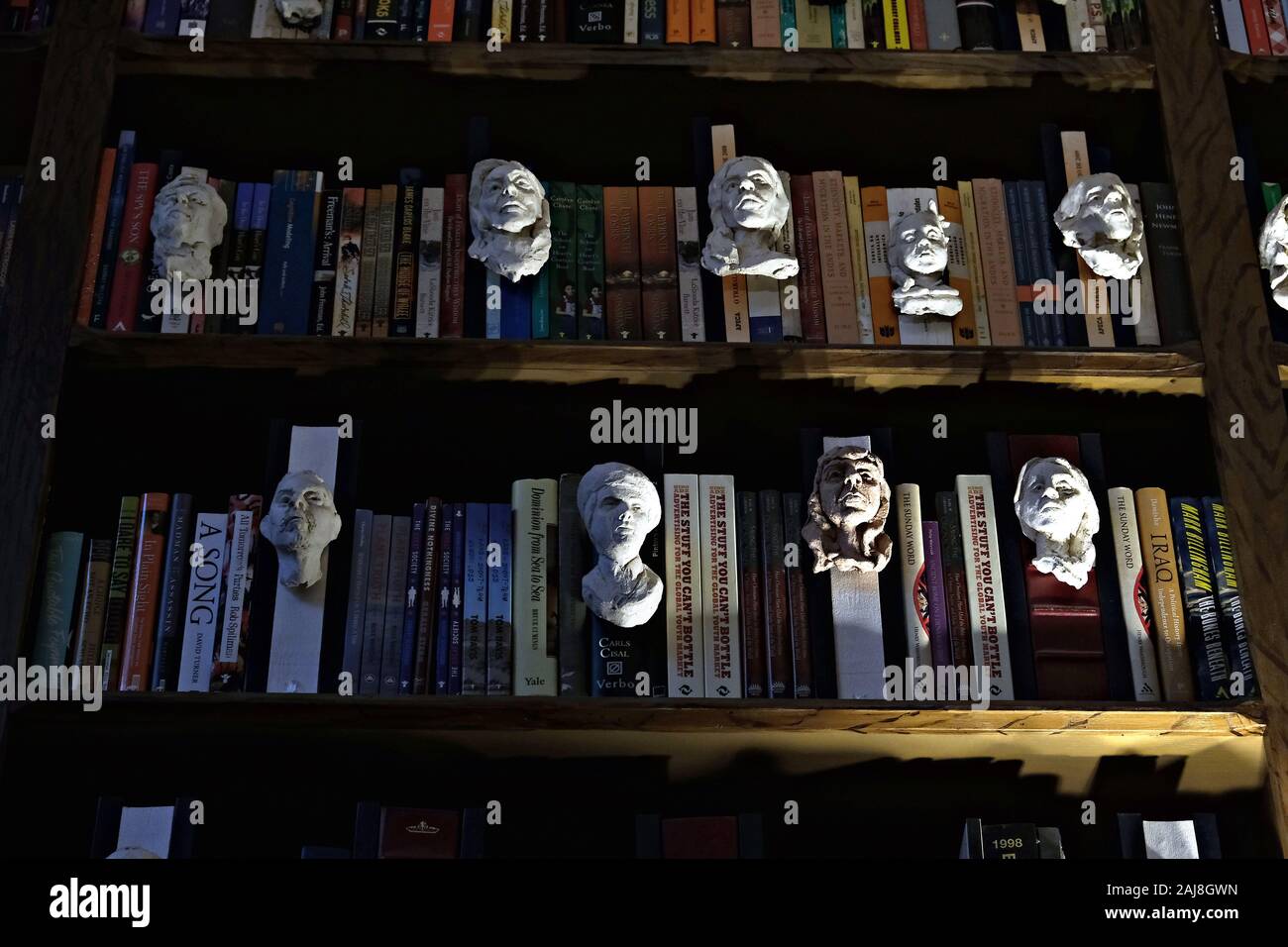Vew of a bookshelf with characteristic busts inside the famous Lello ...