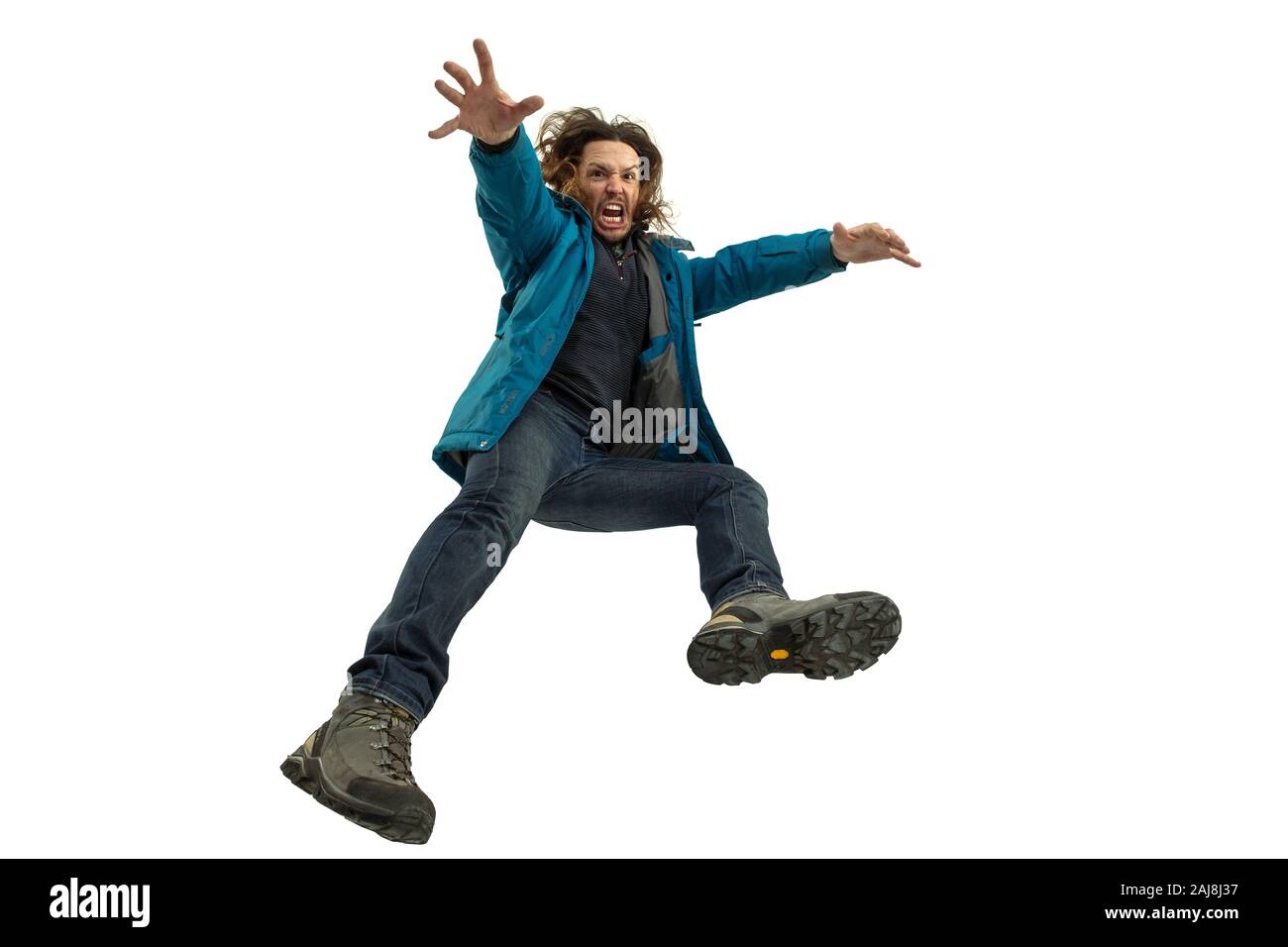 A second before falling. Caucasian young man falling down in moment ...