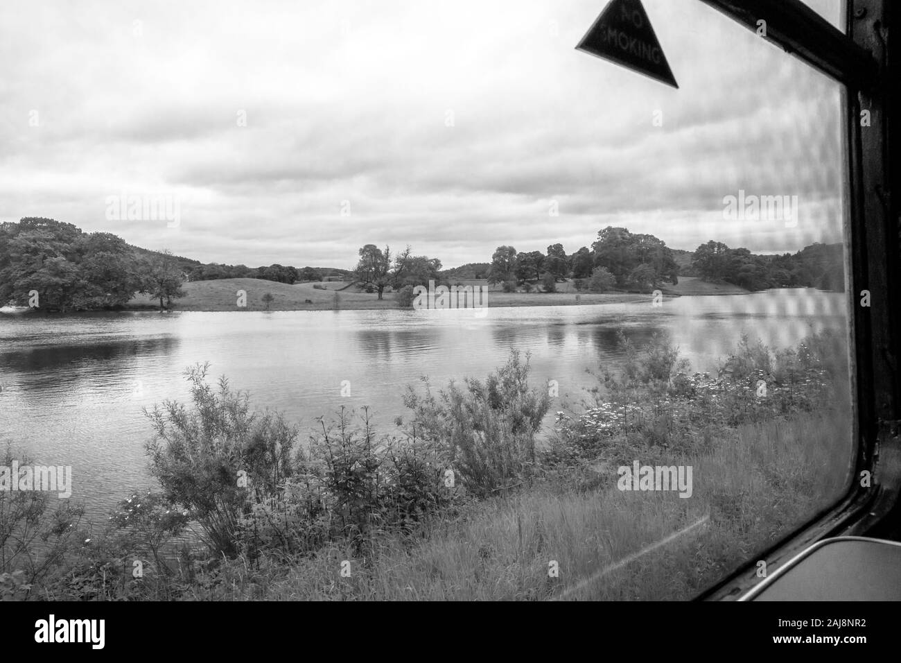 Black and white of coach window, Railway, Train, UK Stock Photo - Alamy