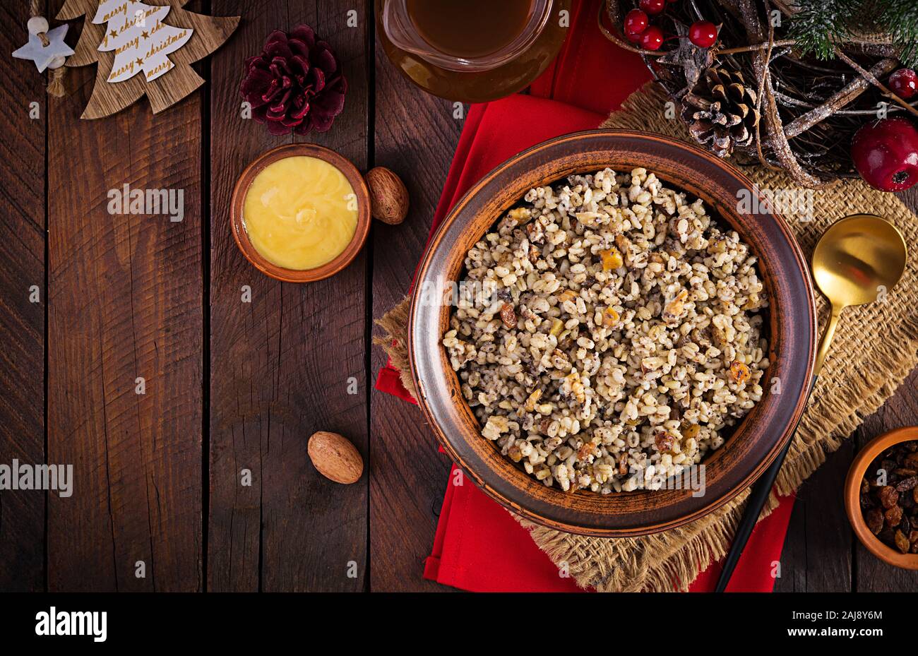 Kutya. Christmas porridge made of wheat grains, poppy seed, nuts ...