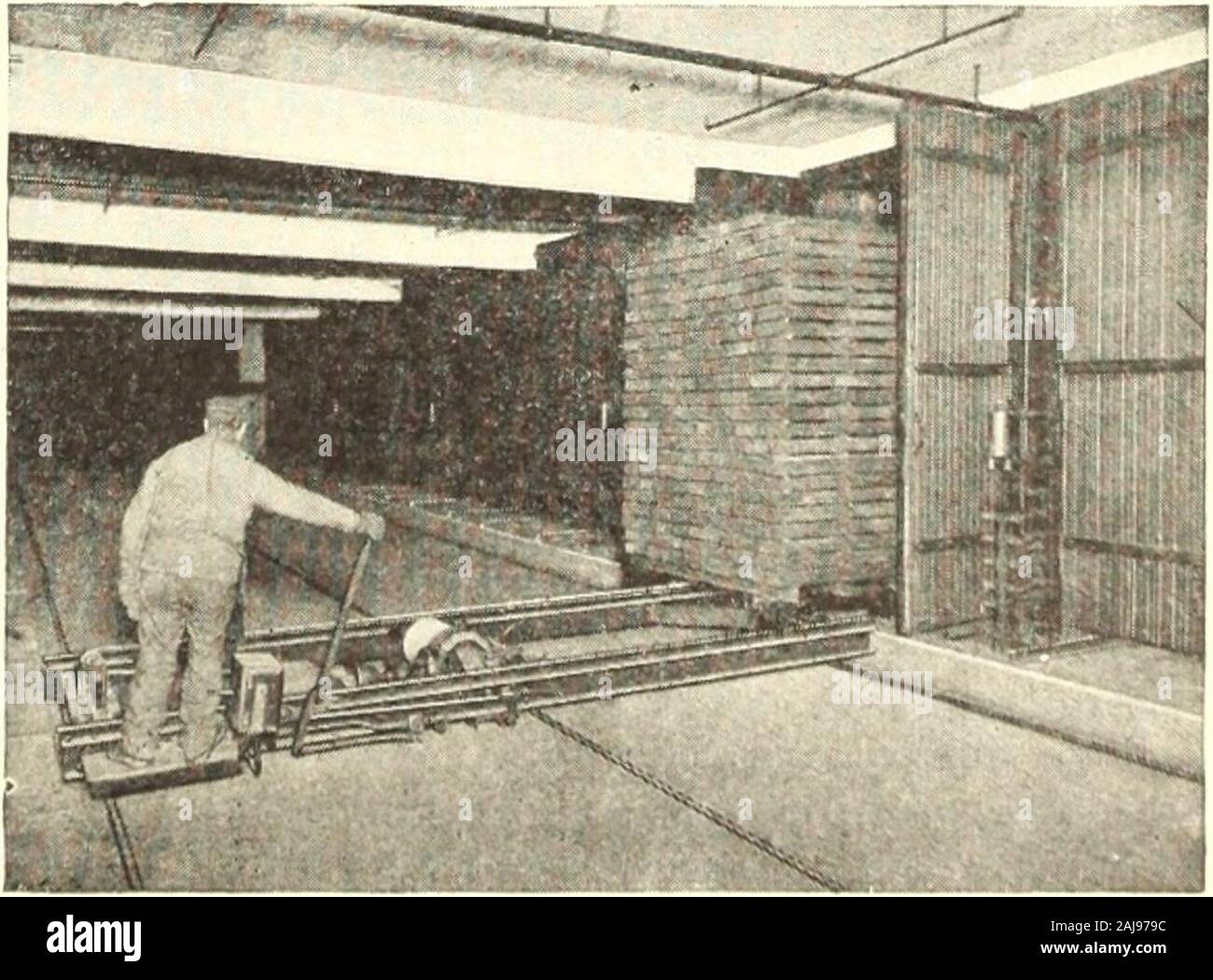 Canadian wood products industries . Pulling a loaded kiln car on to a ...