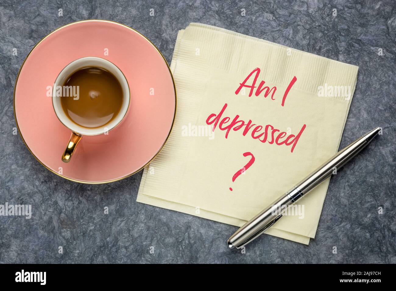 Am I depressed? A question on a napkin with a cup of coffee. Depression ...