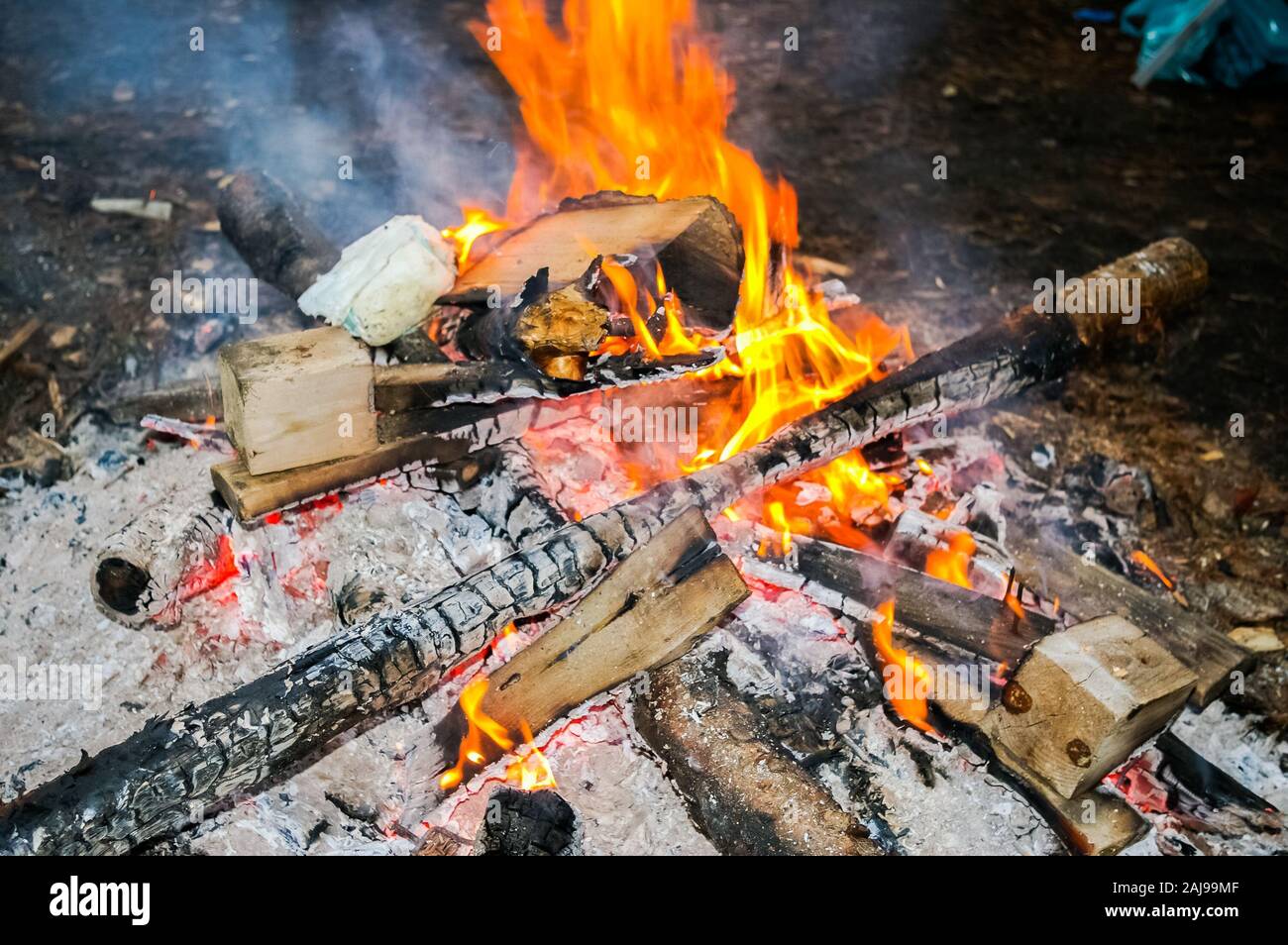 Closeup view on fire for barbecue on picnic in forest Stock Photo - Alamy