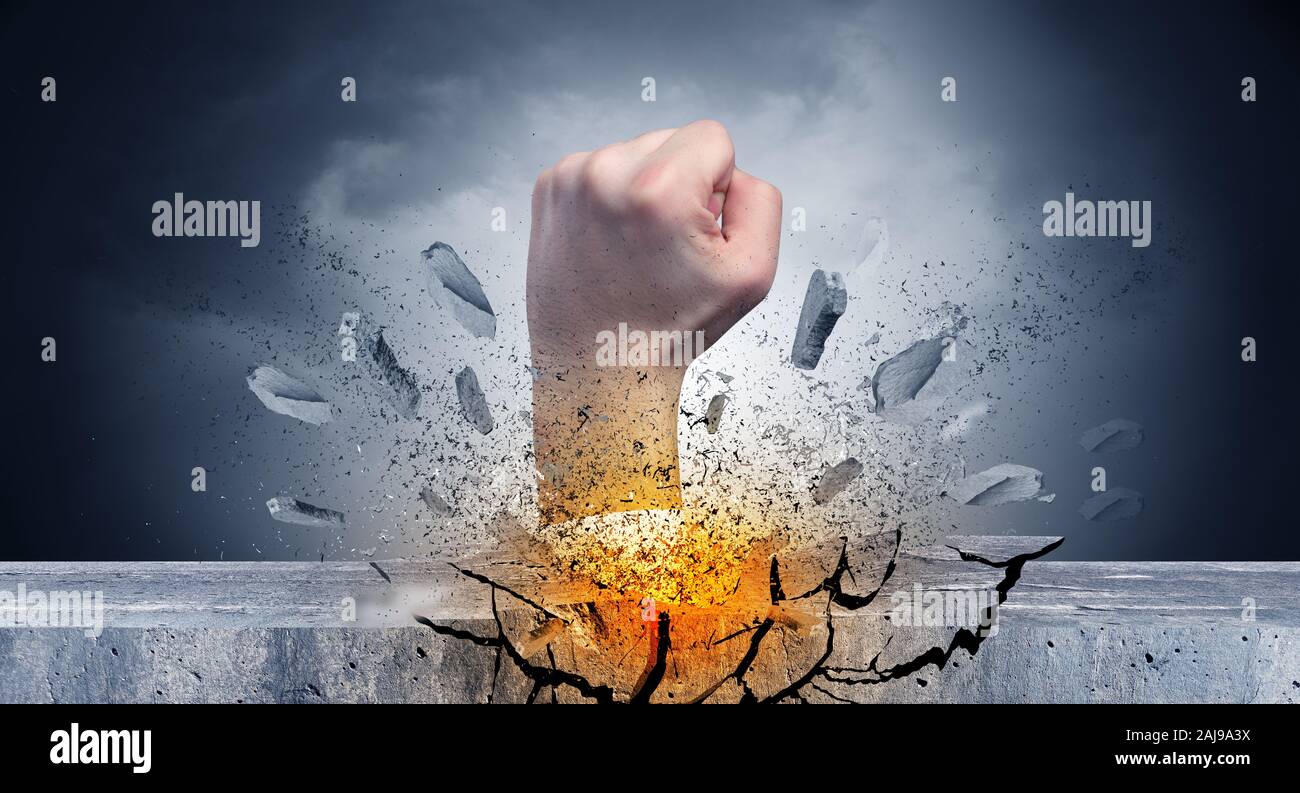 Big hand hits intense and breaks a crass stonewall Stock Photo - Alamy