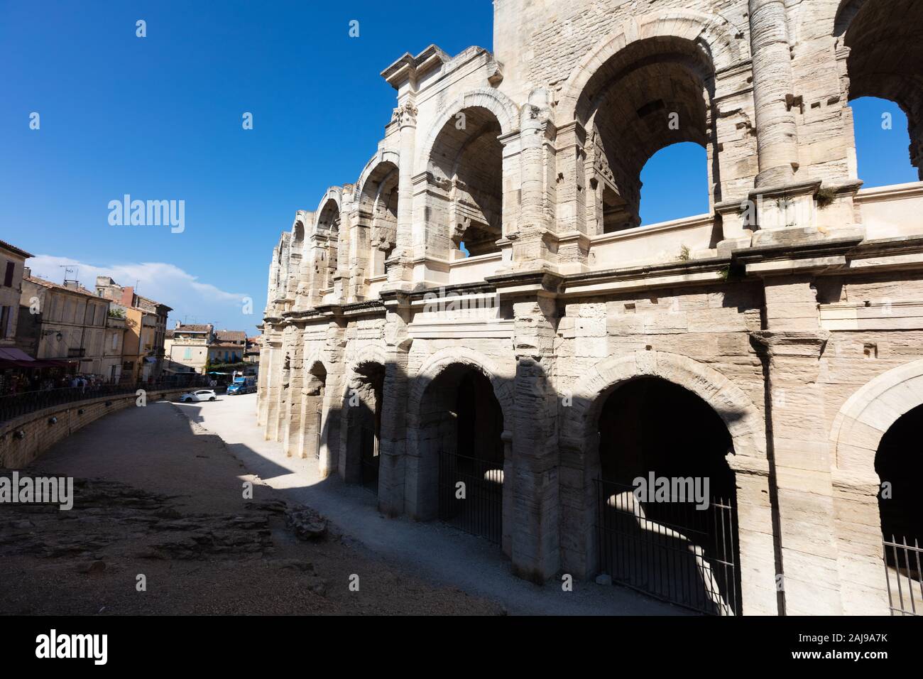 View of the Arles Amphitheatre (Arenes d'Arles in French), a two-tiered ...