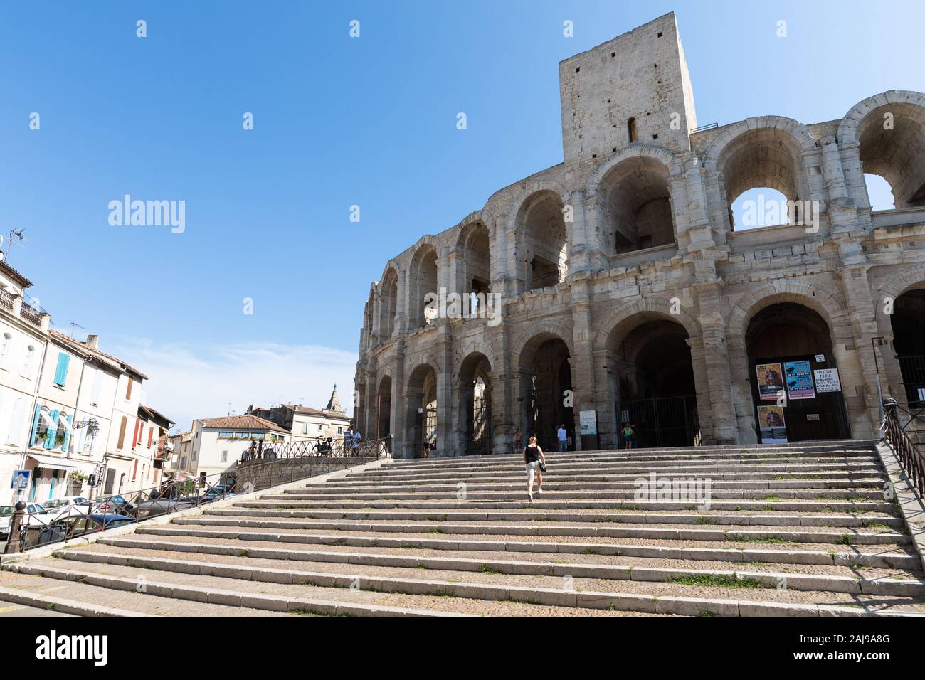 View of the Arles Amphitheatre (Arenes d'Arles in French), a two-tiered Roman amphitheatre in ...
