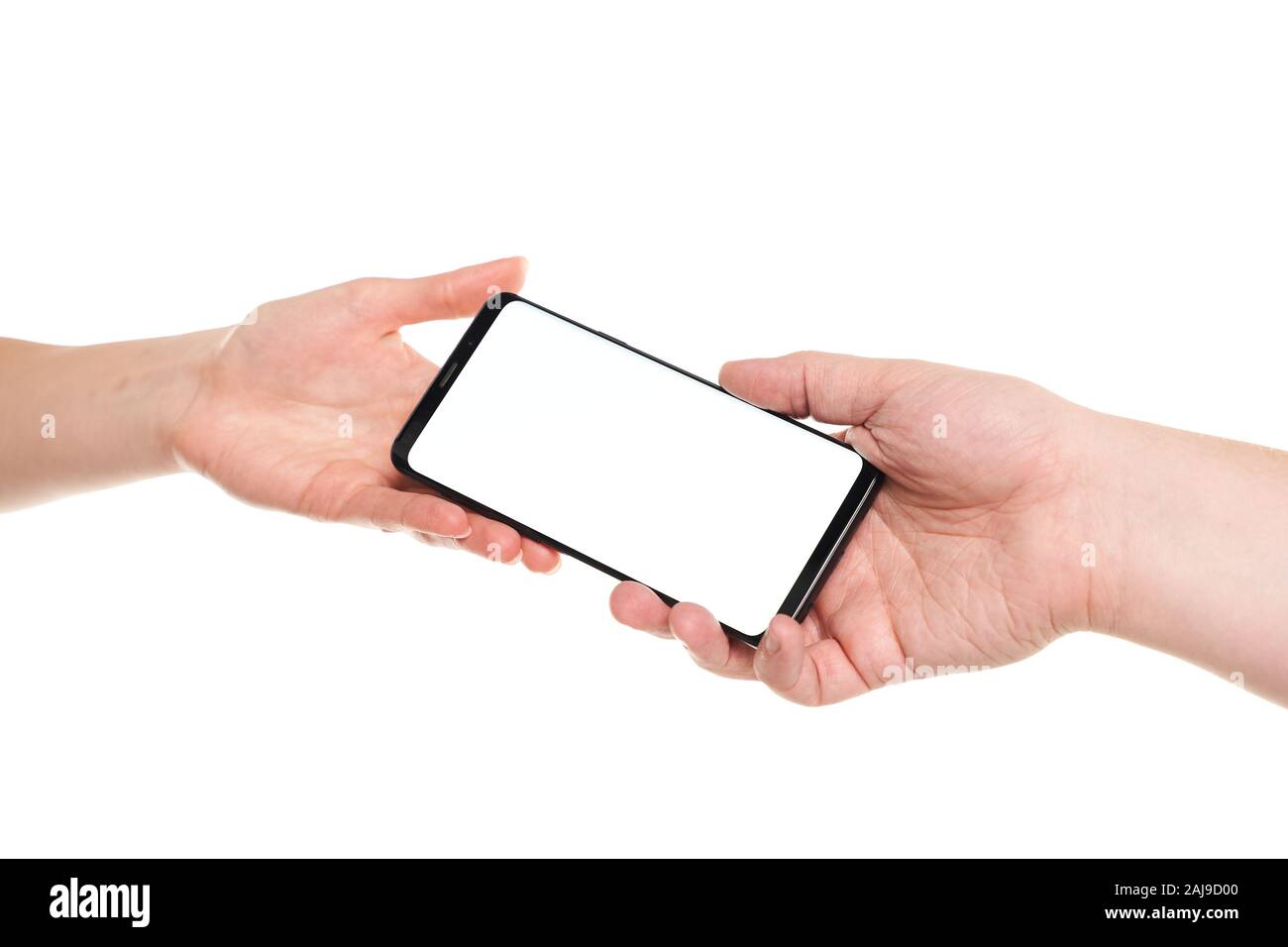 Man hand giving smartphone blank screen with modern frameless design to ...