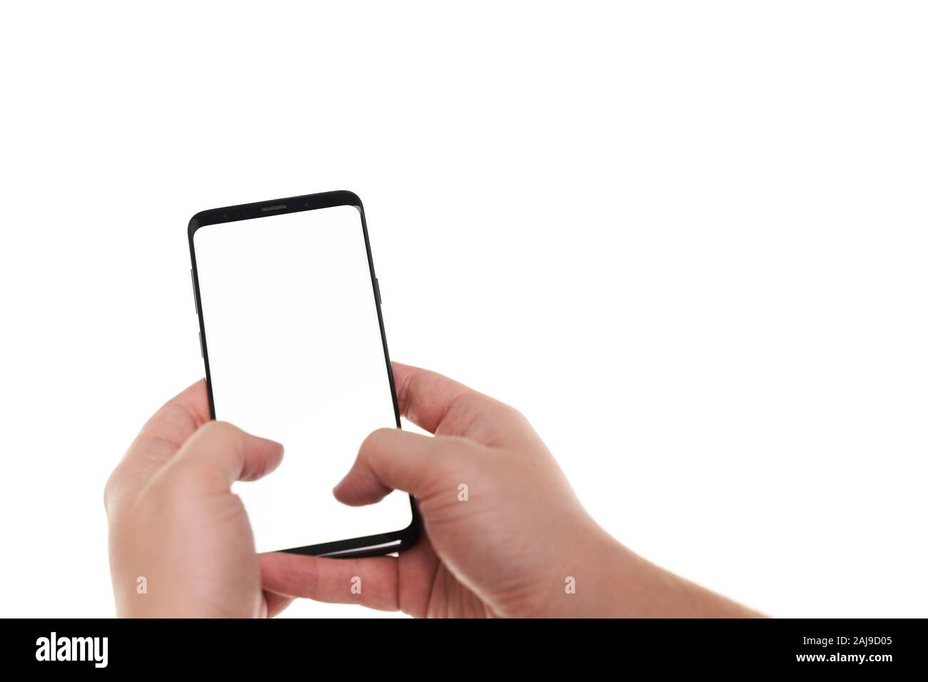 Man hands typing on the black smartphone blank screen with modern ...