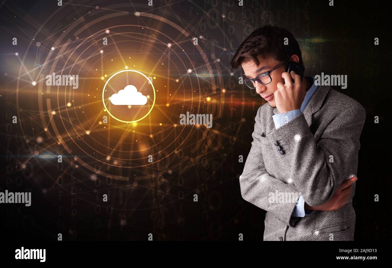 Person talking on the phone with dark cloud technology concept Stock ...