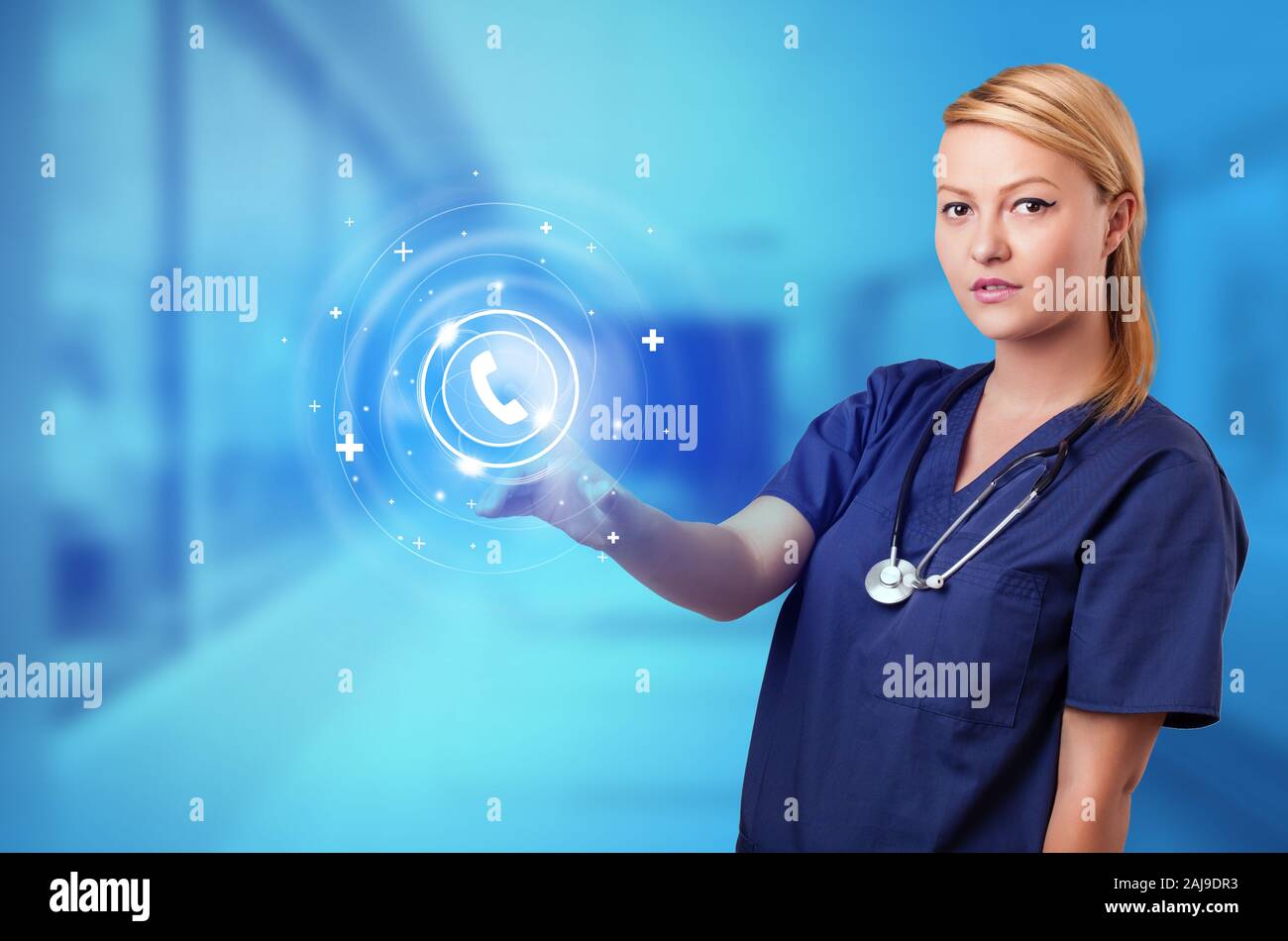 Doctor touching blue screen with call center concept Stock Photo - Alamy