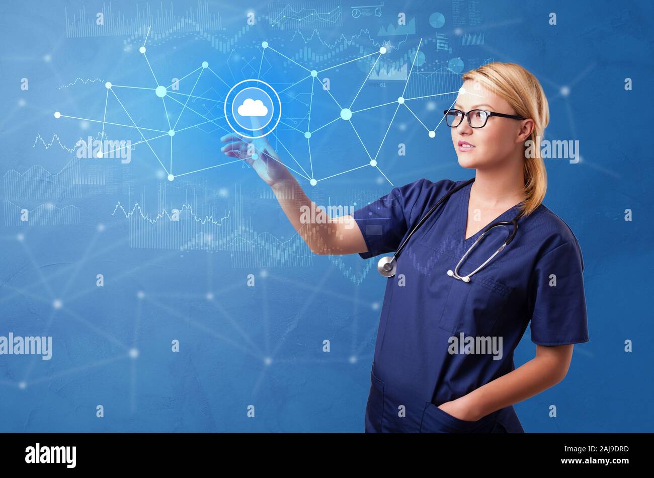 Doctor touching blue screen with virtual hospital concept Stock Photo ...