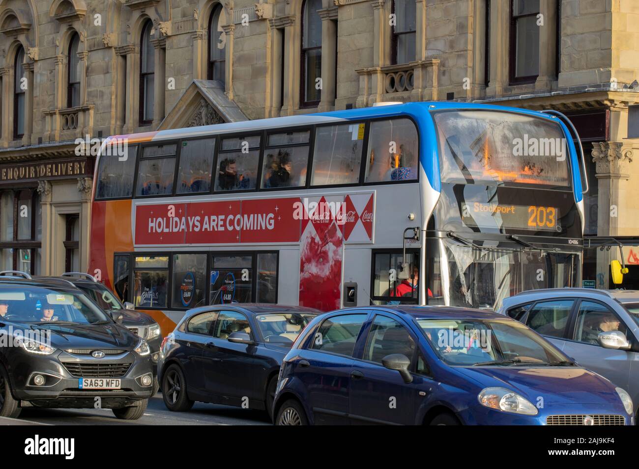 Bus 203 Holidays Are Coming At Manchester England 2019 Stock Photo - Alamy