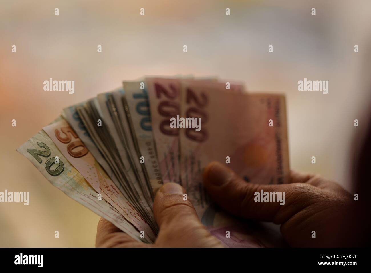 December 22, 2019: Turkish Lira banknotes are displayed in Turkey on ...