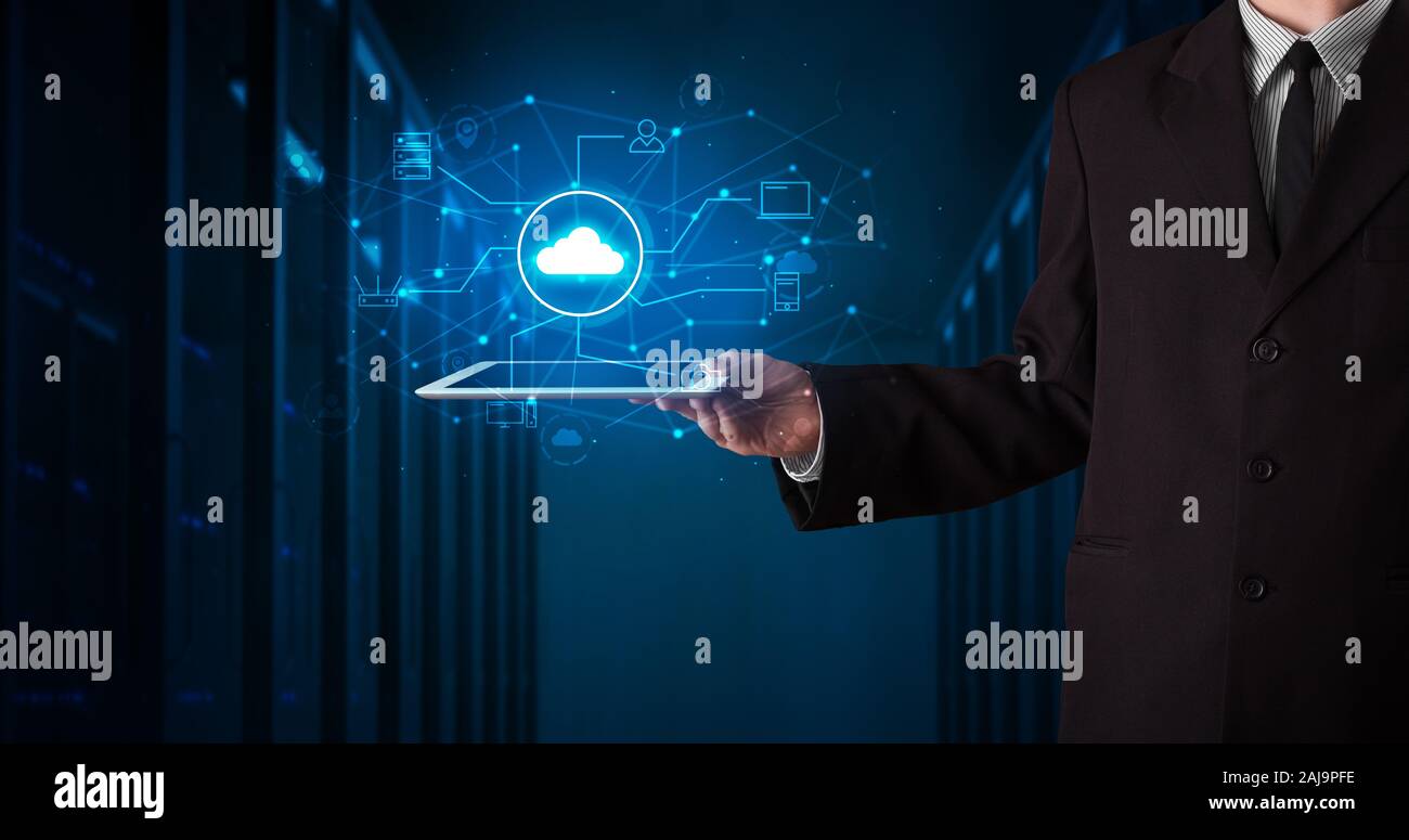 Formal hand in server room with virtual workspace concept Stock Photo ...