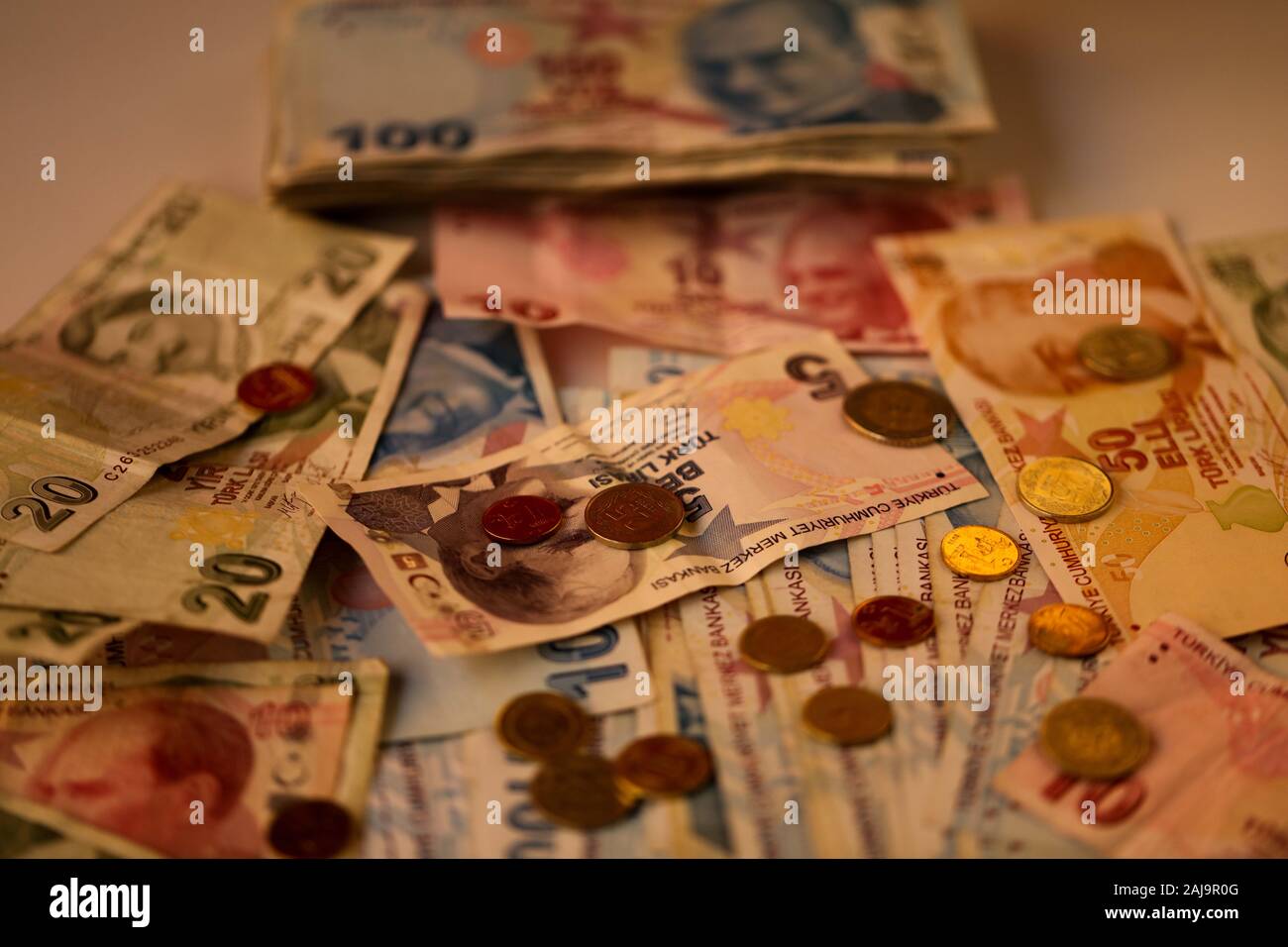 December 22, 2019: Turkish Lira banknotes are displayed in Turkey on ...