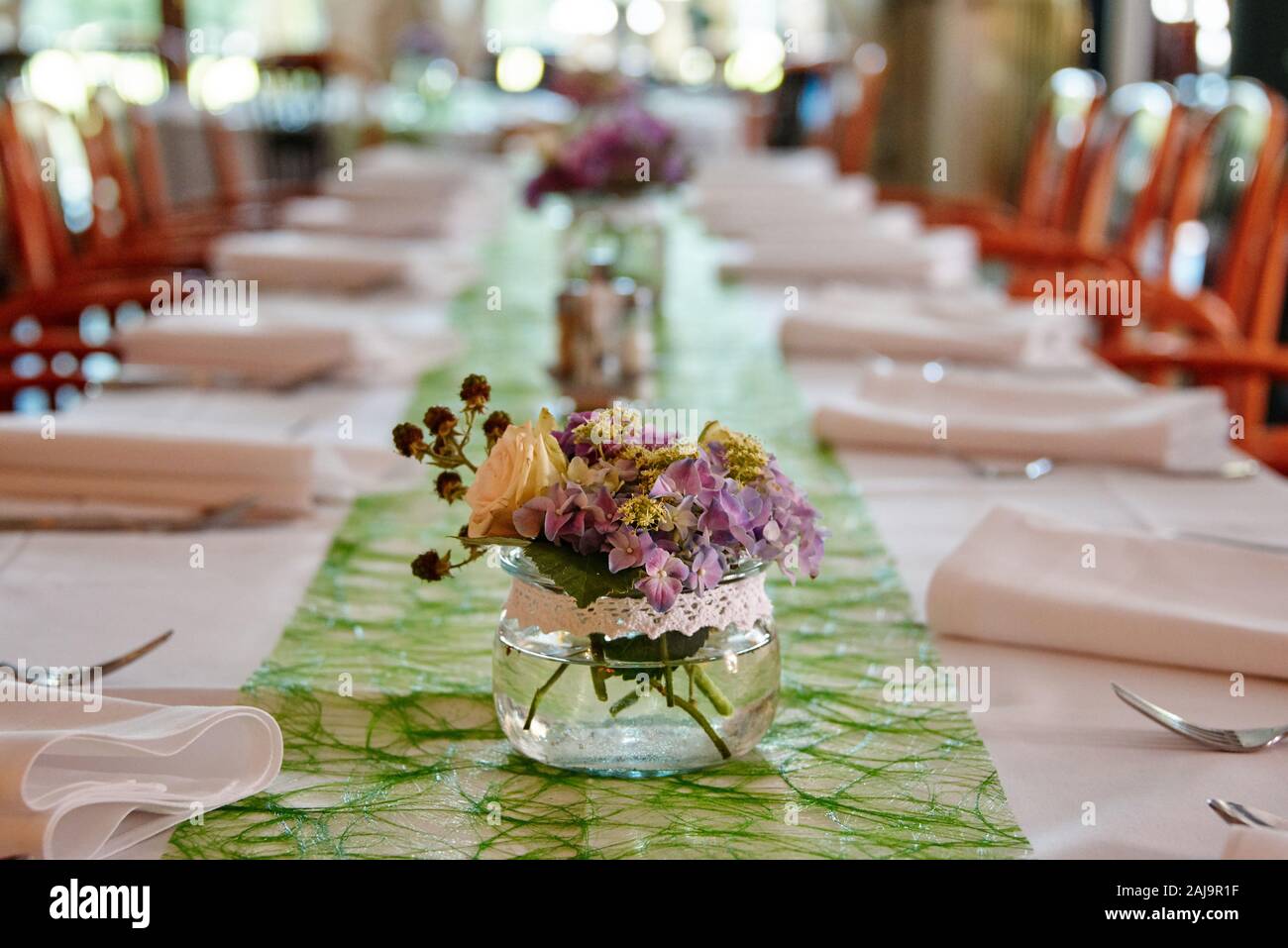 wedding party dining decorated desks Stock Photo - Alamy