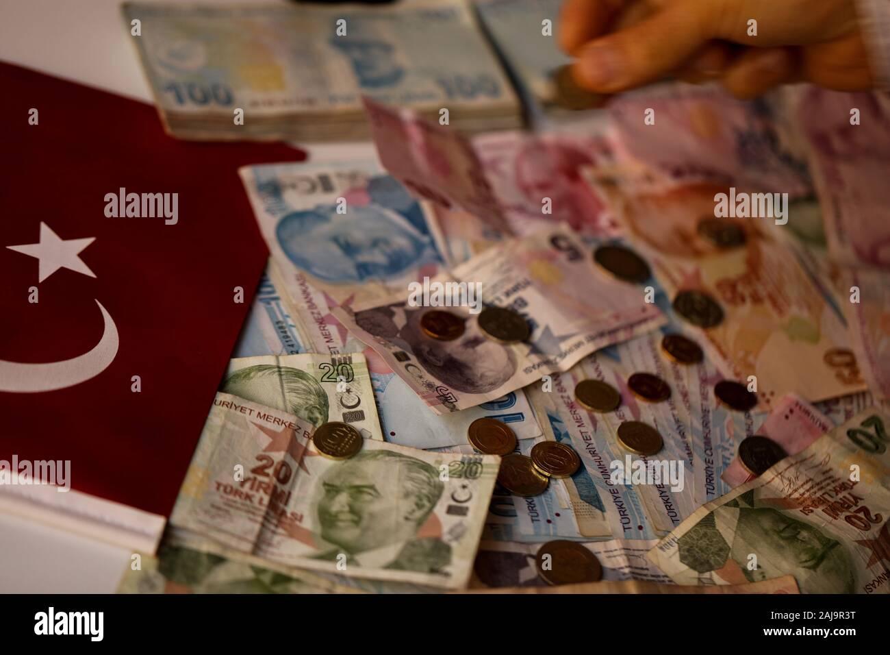 December 22, 2019: Turkish Lira banknotes are displayed in Turkey on ...