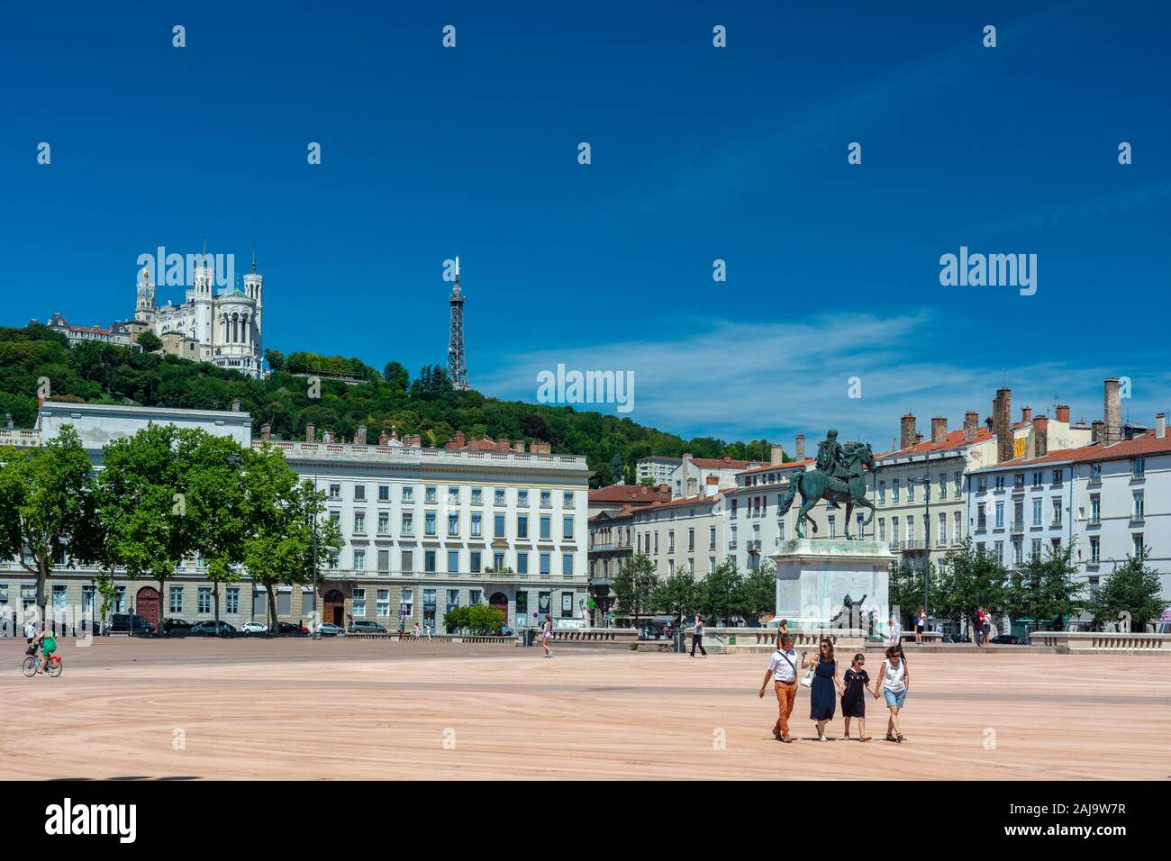 Lyon, France - July 18, 2018: The Bellecour square in Lyon with Statue ...