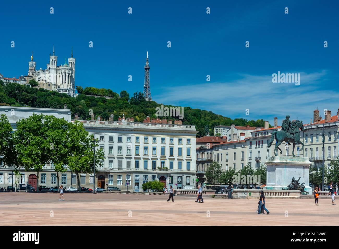 Lyon, France - July 18, 2018: The Bellecour square in Lyon with Statue ...
