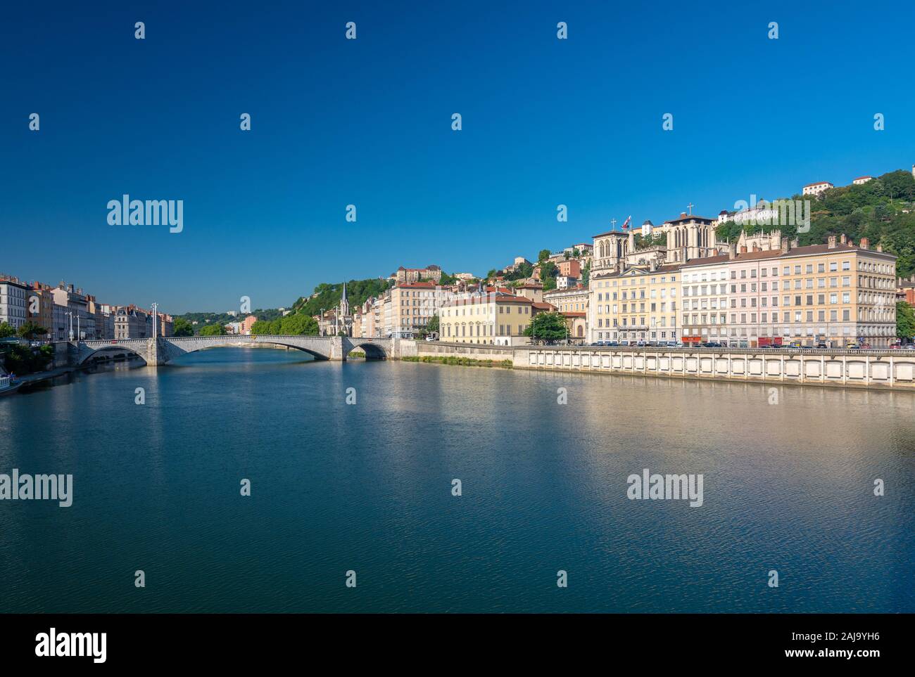 Lyon, France - July 19, 2018: Lyon cityscape with a bridge and a ...