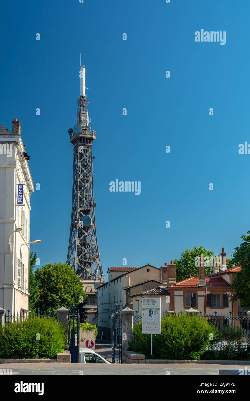 Lyon, France - July 19, 2018: The metallic tower is a steel framework ...
