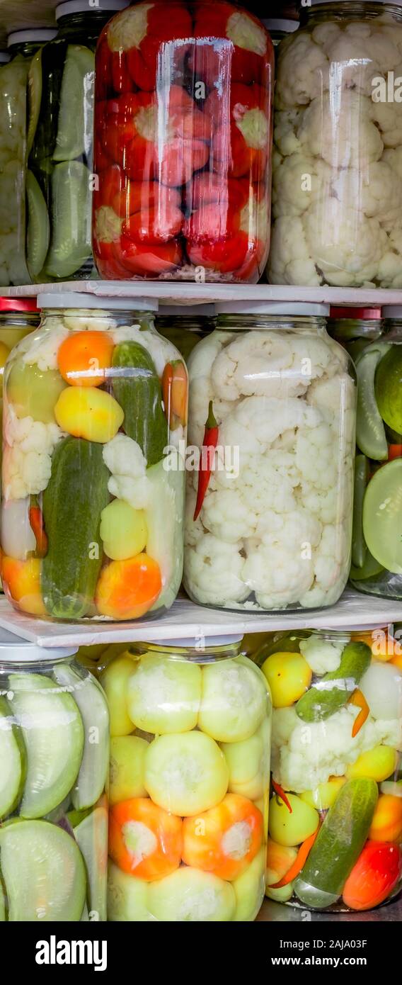 Traditional Romanian pickles of various fruits and vegetables Stock ...