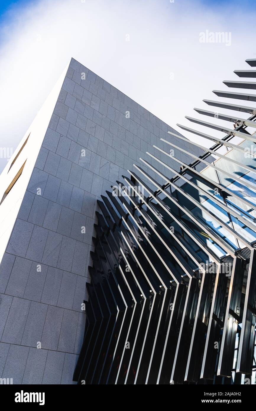 Angled parallel lines on the facade of a modern architecture building ...