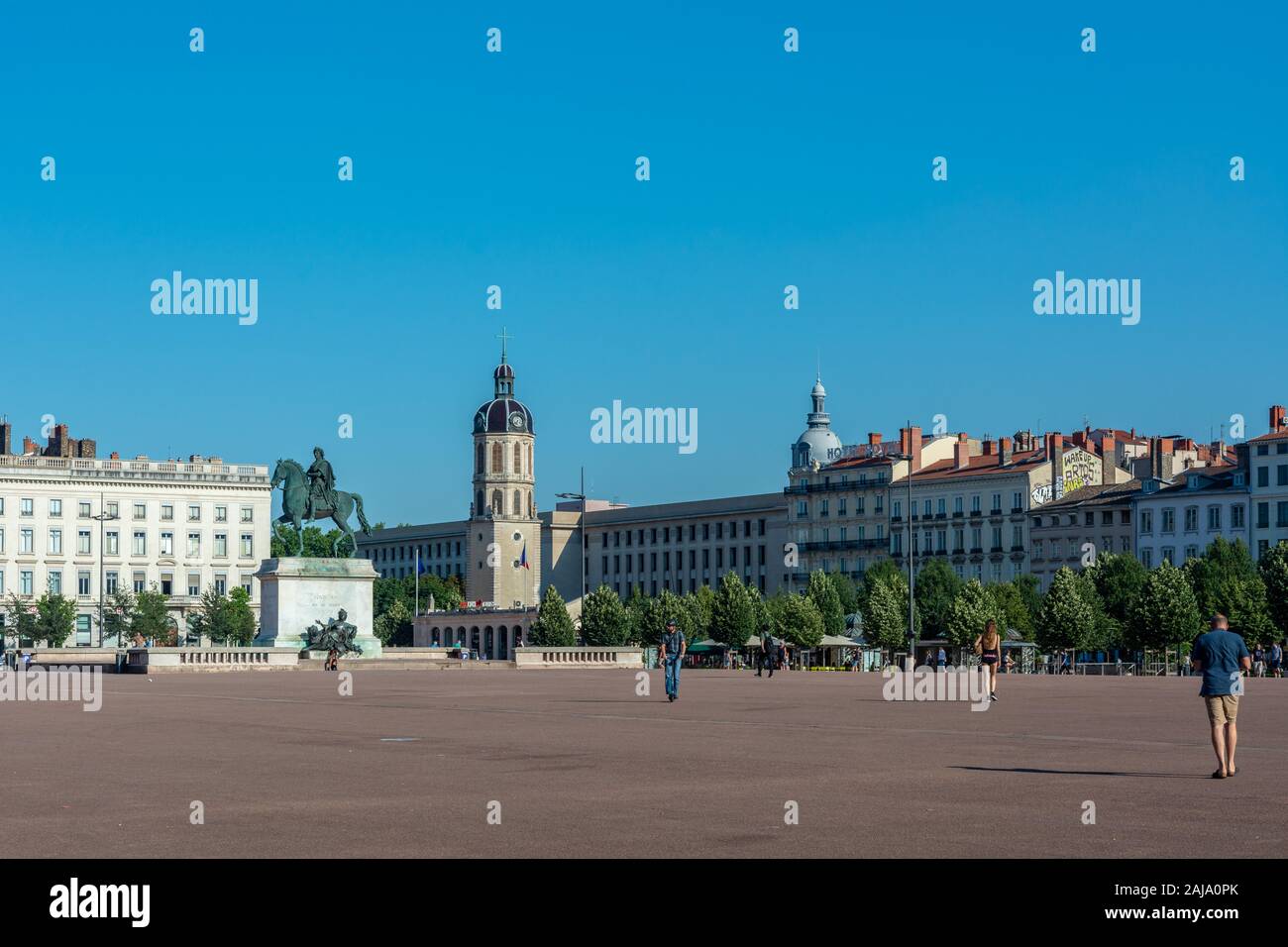 Lyon, France - July 19, 2018: The Bellecour square in Lyon with Statue ...
