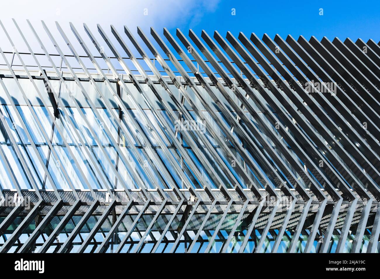 Angled parallel lines on the facade of a modern architecture building ...
