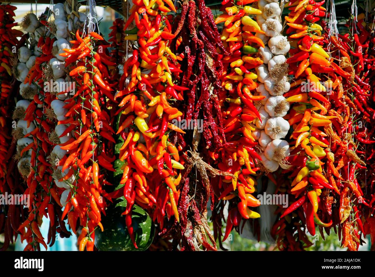 Chilli, peppers, dried hot peppers and garlic at Positano, Amalfitana ...