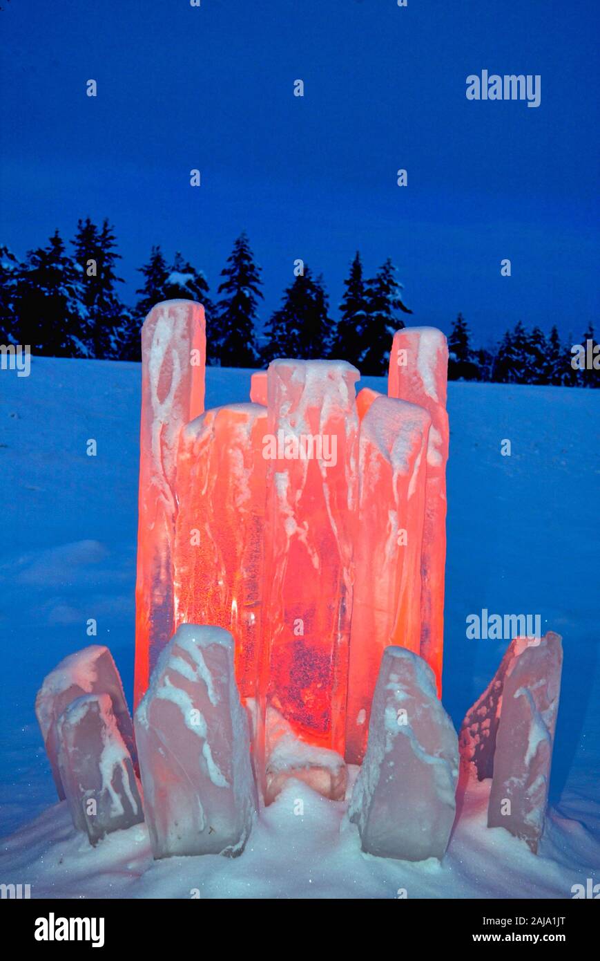 Illuminated ice sculpture in Santa Claus Village in Rovaniemi, Lapland ...