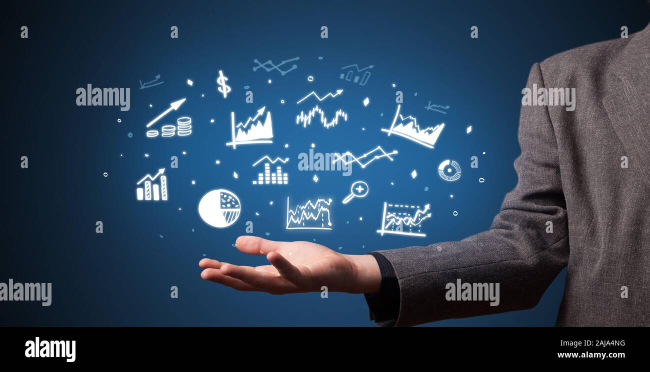 Hand holding application icons and symbols in her hand Stock Photo - Alamy
