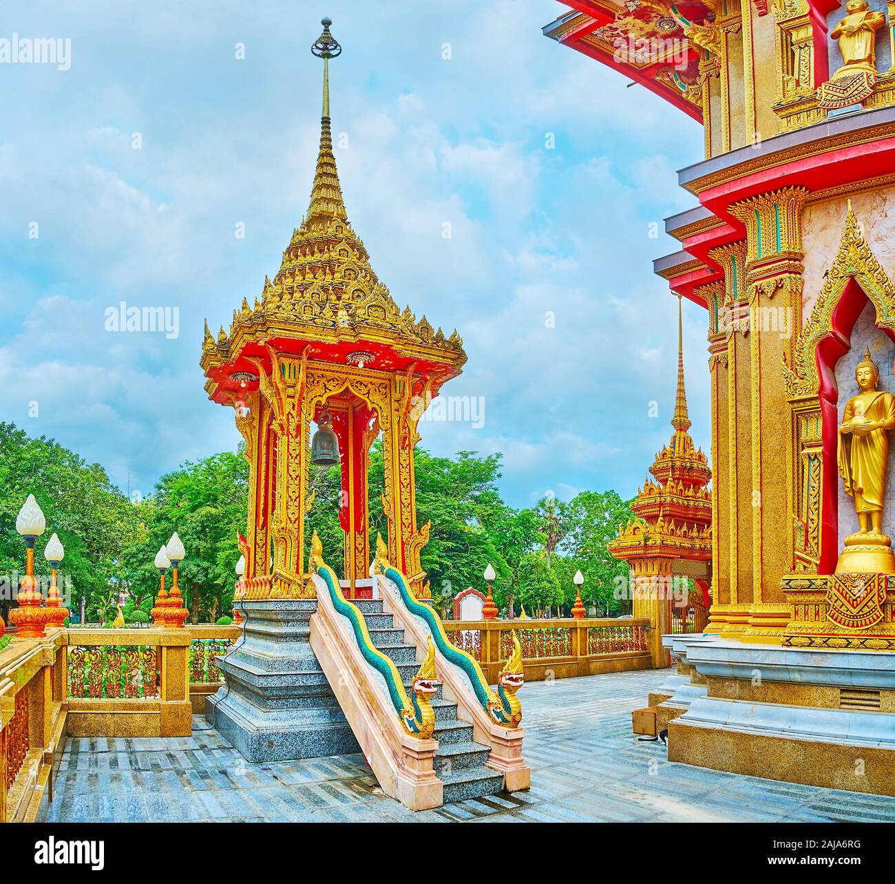 The complex mondop pavilion of Wat Chalong with ornamental carvings ...
