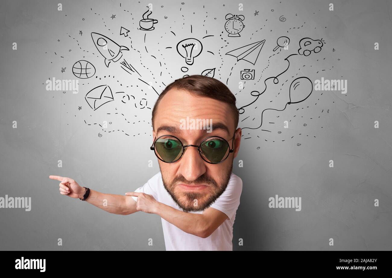 Full big head on small body with icons and symbols around Stock Photo ...