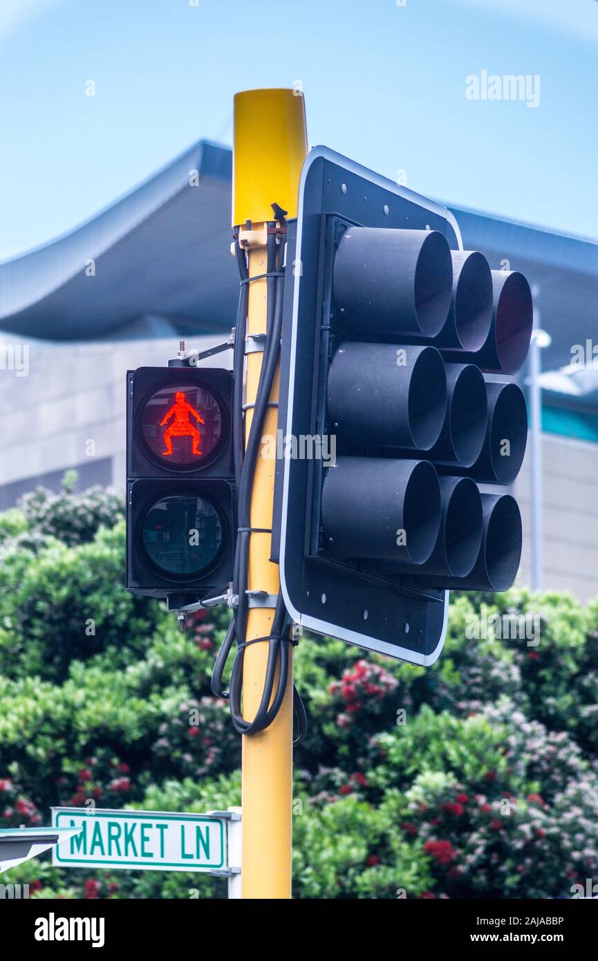 Maori warrior haka symbol on a pedestrian crossing light, Wellington ...