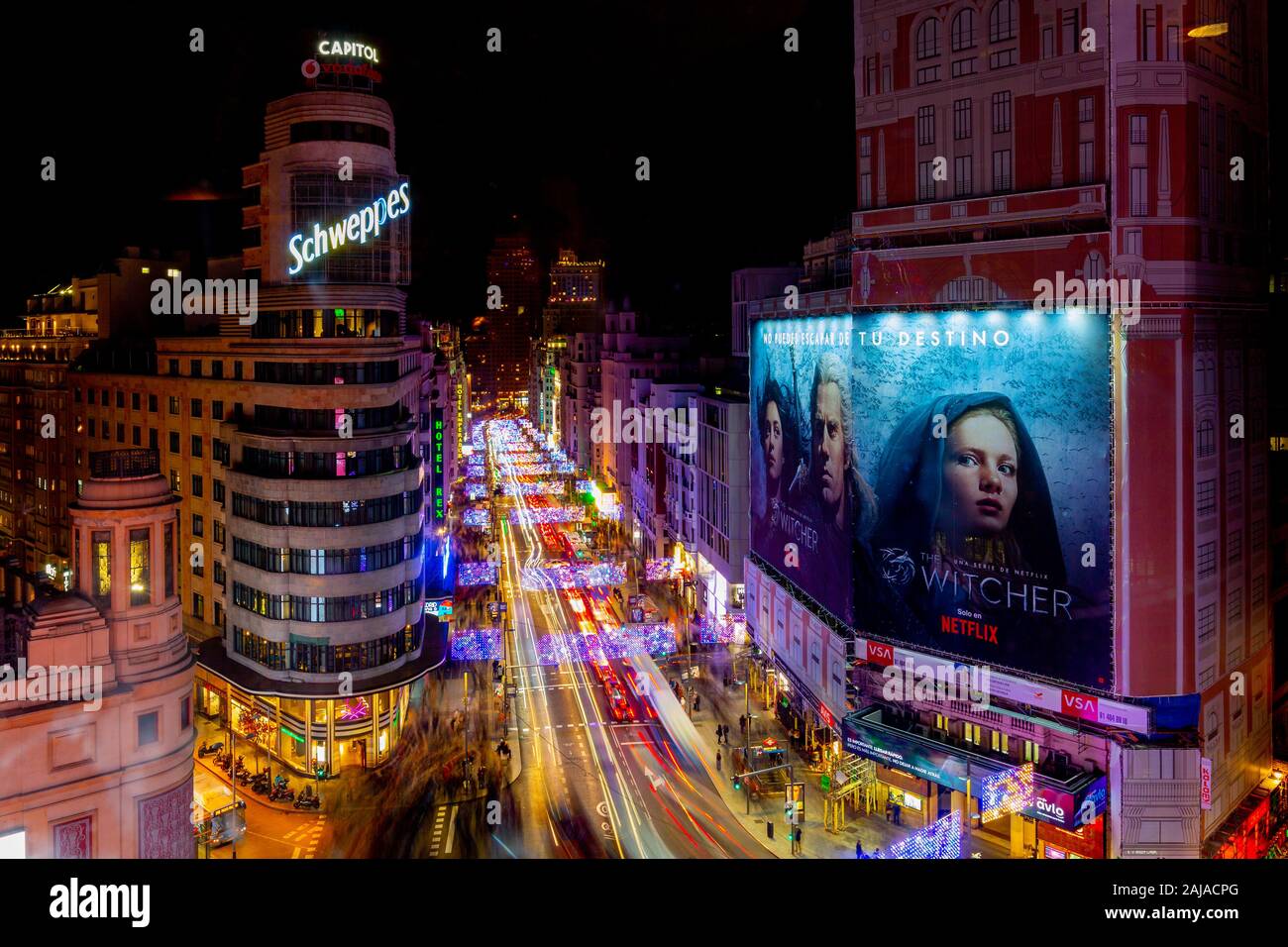 The famous lights of the Schweppes building and Gran Via seen from ...