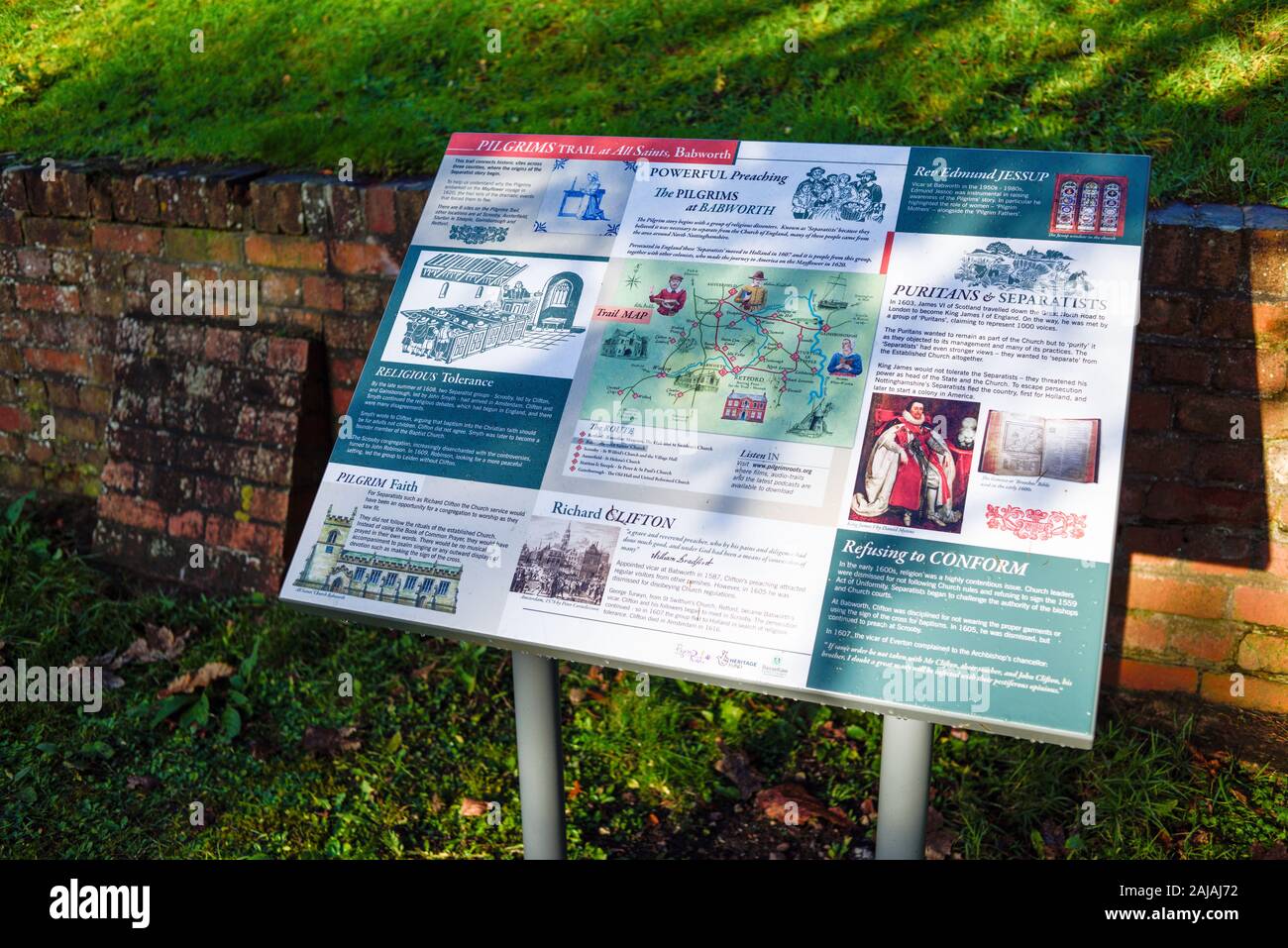 Babworth Church and Graveyard information board on Pilgrim Fathers and ...