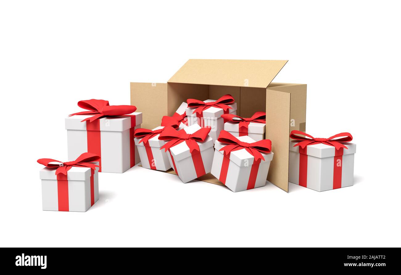 3d rendering of gift boxes in carton box. Holiday season fuss. Choice ...