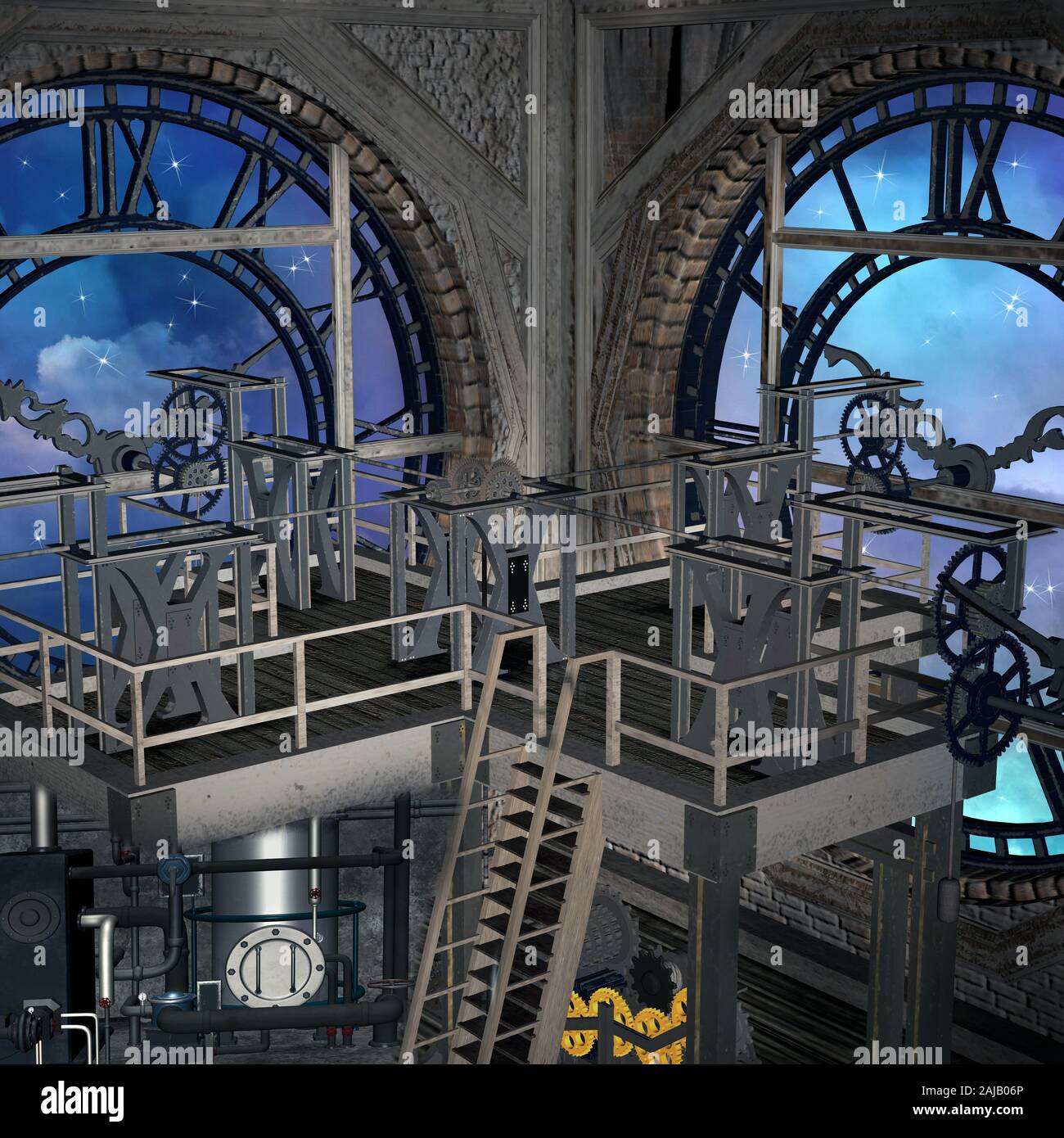 Steampunk laboratory inside a clock tower with a view to the blue night ...