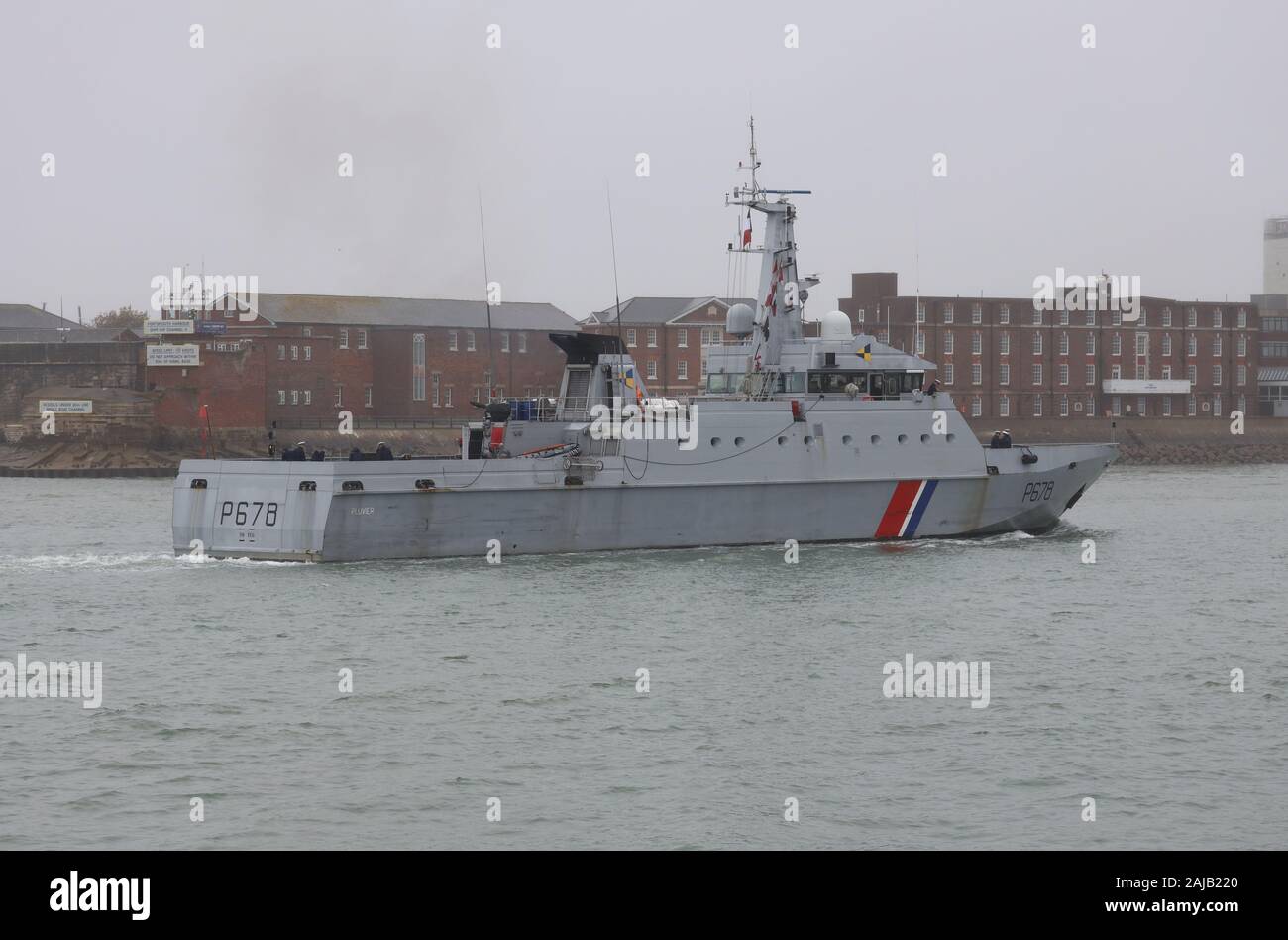 The Flamant class French offshore patrol vessel FS PLUVIER enters Portsmouth harbour for a ...