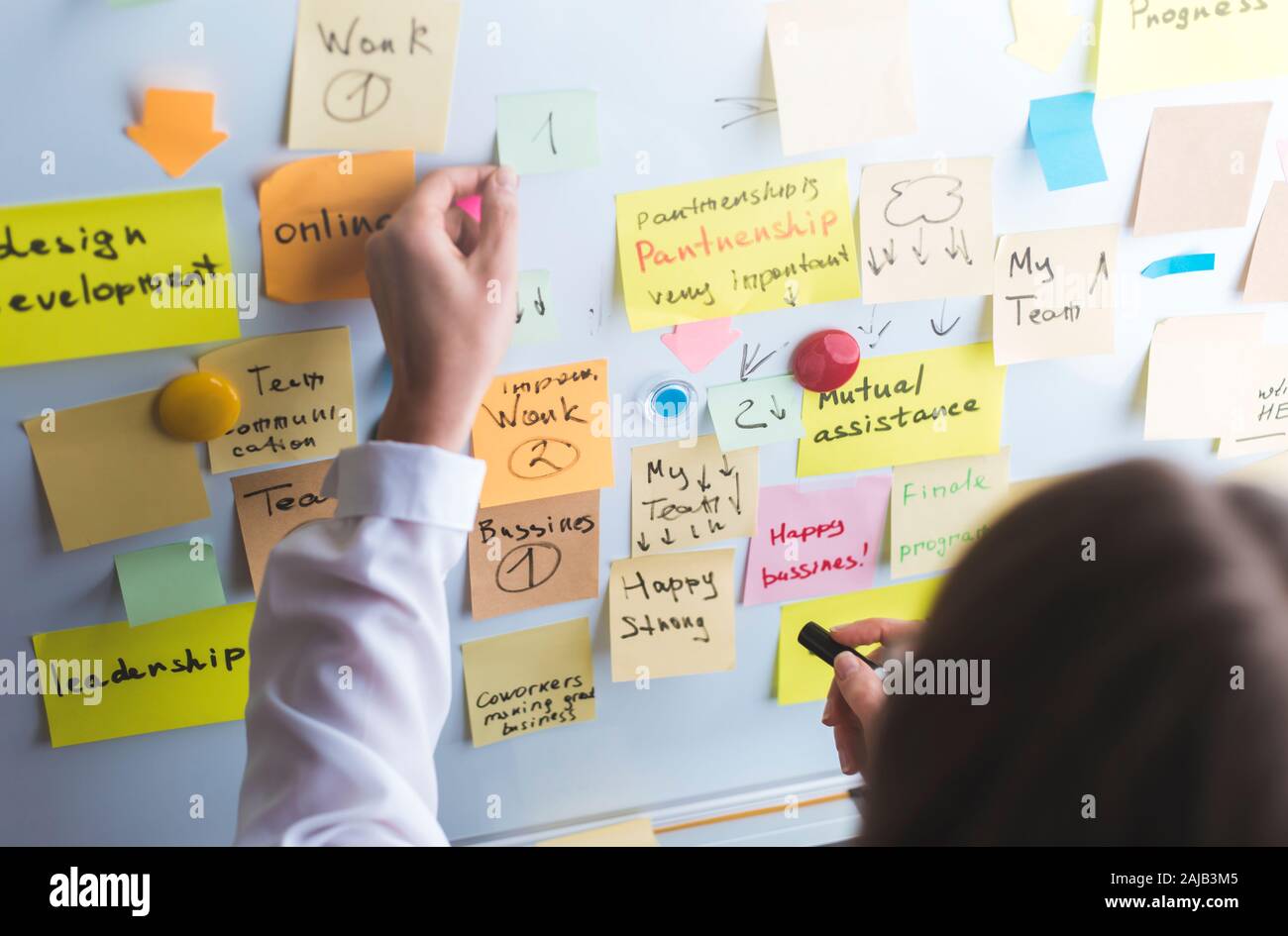 Business people write down an important note, using on the paper ...