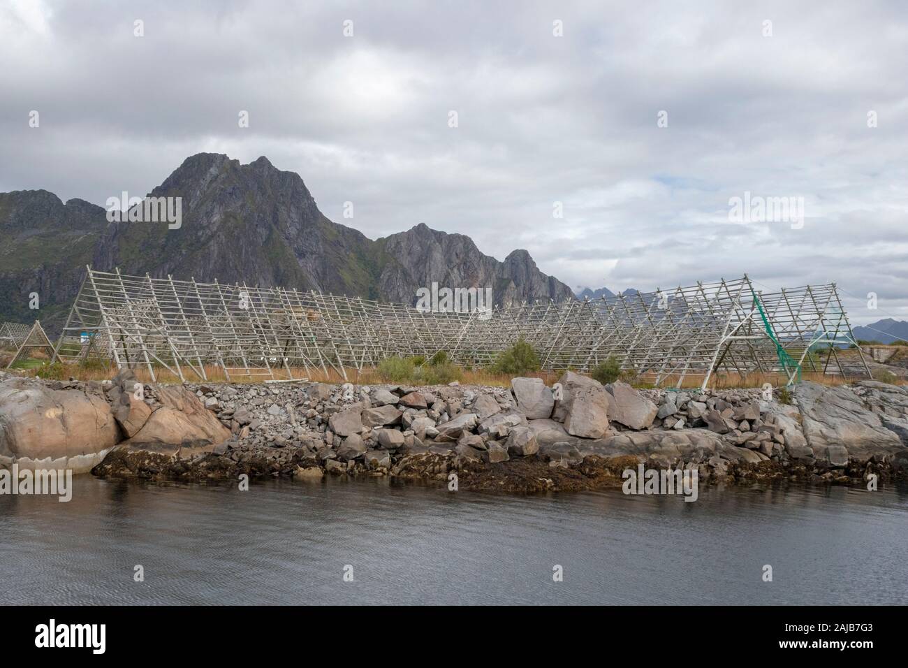 Traditional fish drying racks at Svinoya, Svolvaer, on the Lofoten ...