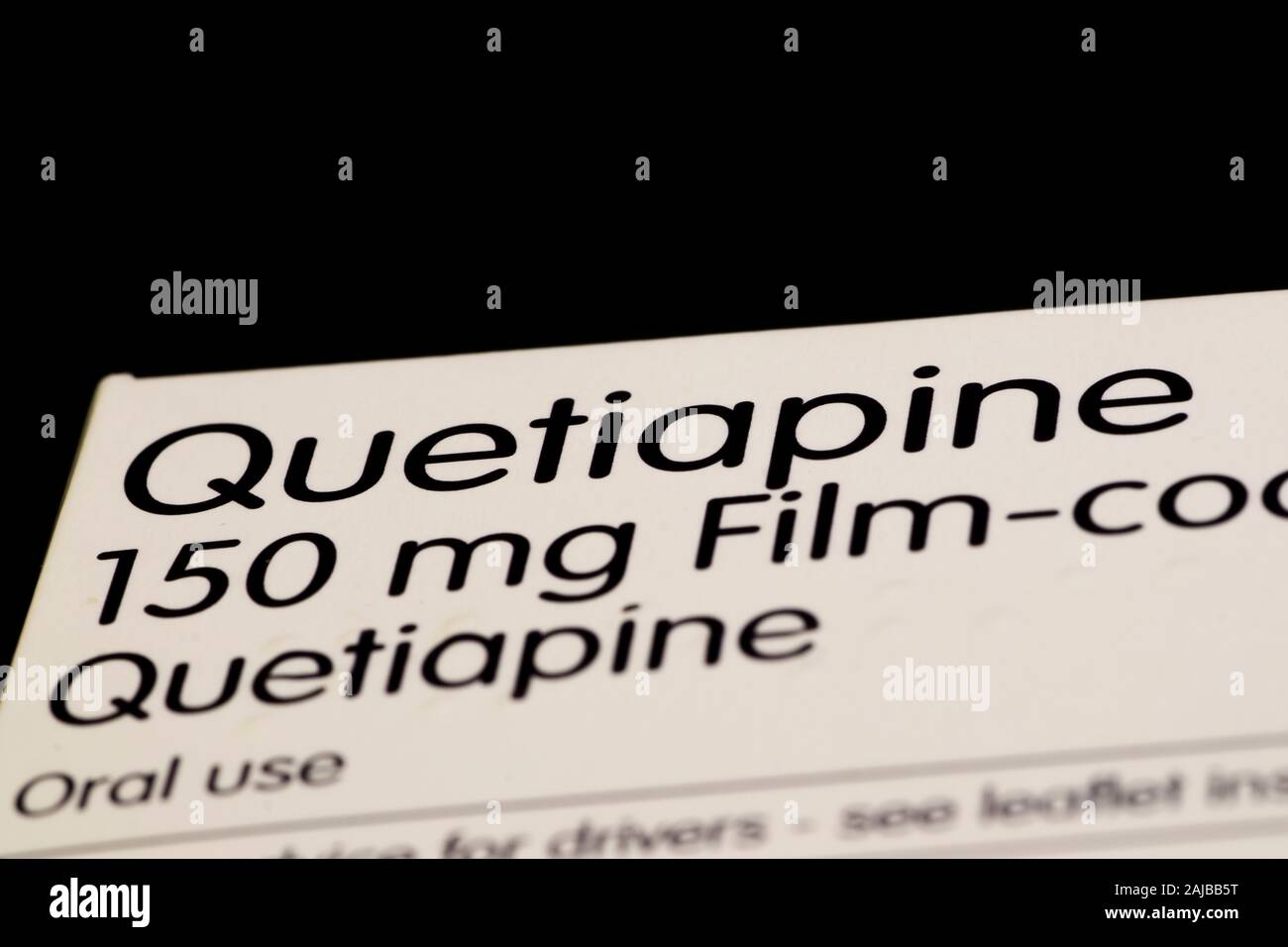 Box of Quetiapine tablets, an atypical antipsychotic drug used for the ...