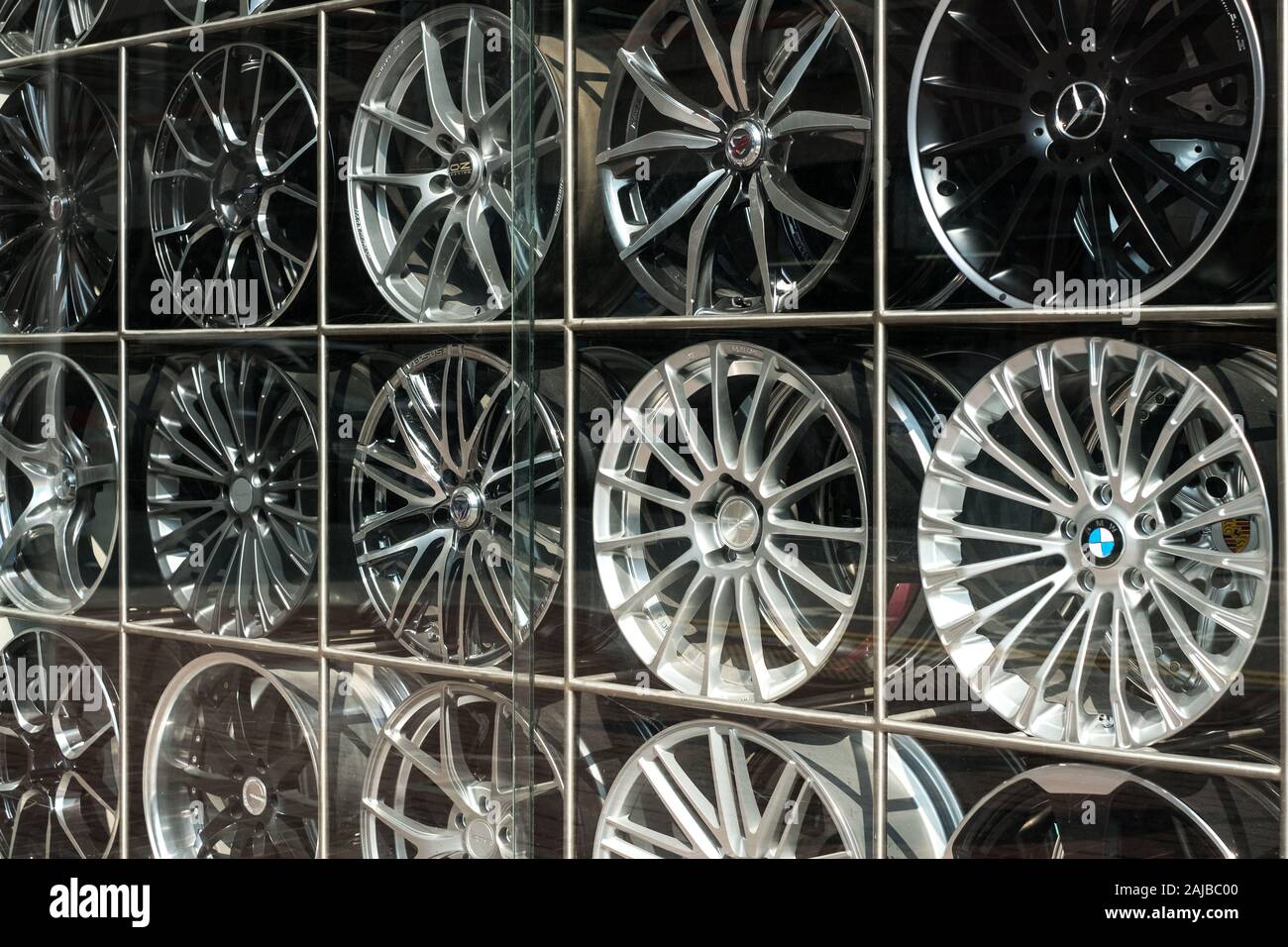 HongKong, China - November, 2019: Car rims in shopping window display ...