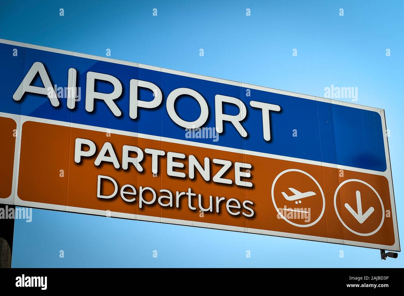 Caselle, Italy - 24 July, 2019: A sign indicating departures is seen at ...