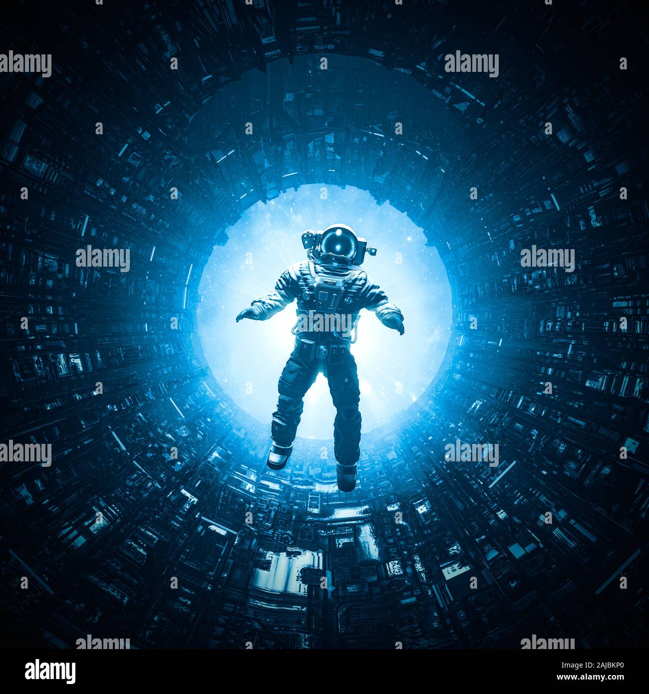 Dangers of space travel / 3D illustration of astronaut floating in dark ...